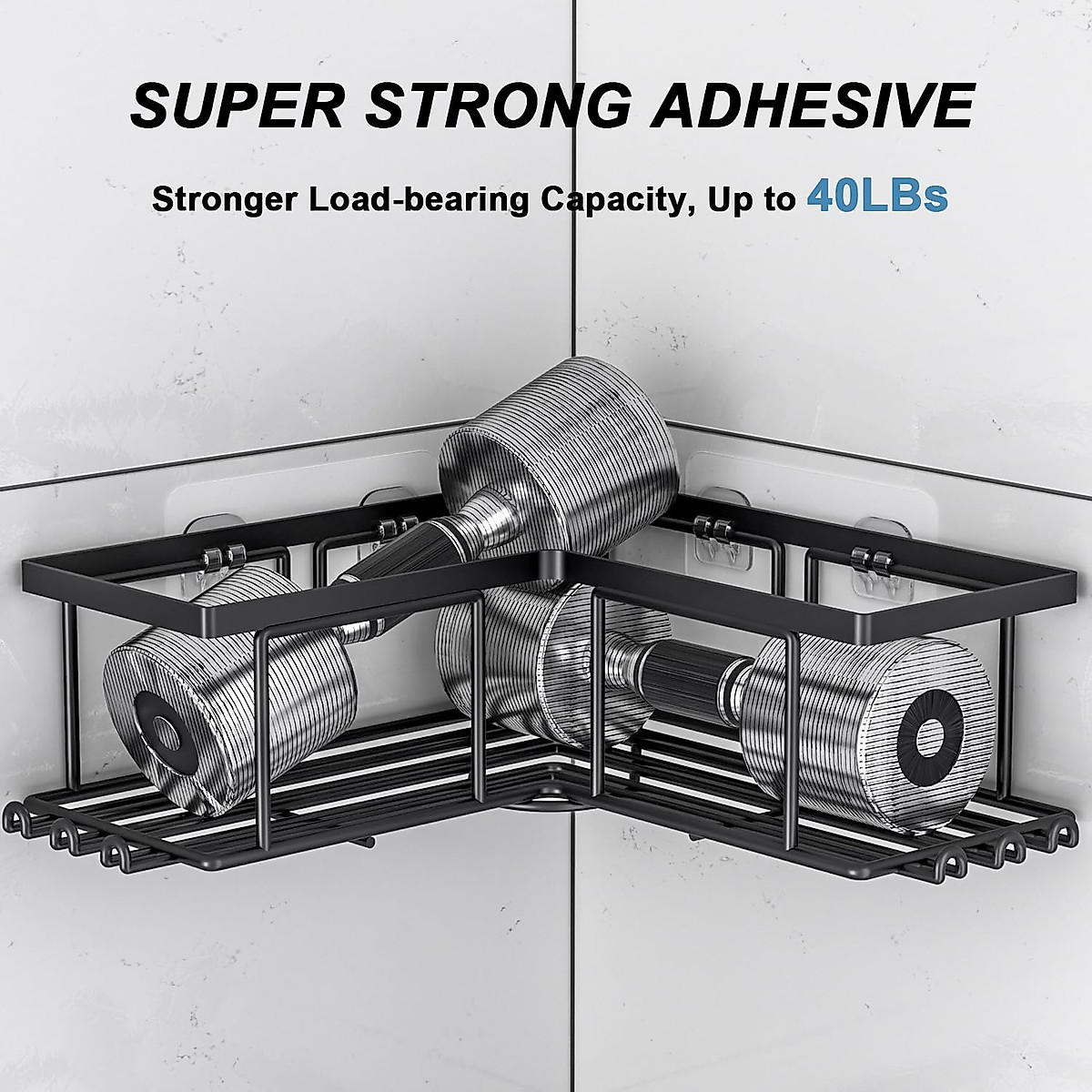 Sikaiqi Corner Shower Caddy, 4 Pack Adhesive Bathroom Accessories, Storage Stainless Shower Organizer Shelf with Hooks, No Drilling Shower Shelves for Bathroom, Dorm and Kitchen