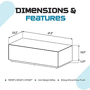 SONOROUS Premium Tempered Glass Coffee Table - Fingerprint Resistant Luxury Center Table for Living Room - High Gloss Coffee Table - Modern Rectangular Table Sleek Design - Mirror