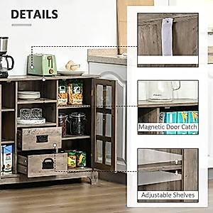 HOMCOM Kitchen Sideboard, Glass Door Buffet Cabinet, Coffee Bar Cabinet with Storage Drawers & Adjustable Shelves for Living Room, Grey
