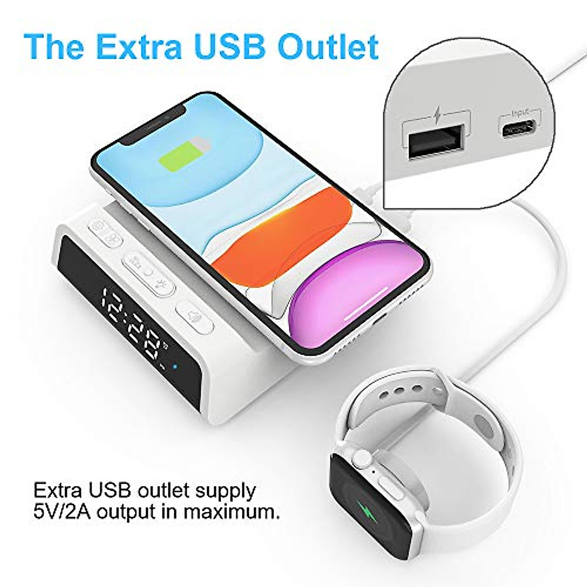 Alarm Clock with 15W Fast Wireless Charging Pad, Snooze Alarm Clock with 4 Brightness 12/24H,Compatible with iPhone,Galaxy, Samsung,LG,Android,AirPods Wireless Charger for Bedroom,Additional USB Port