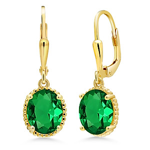 Gem Stone King 18K Yellow Gold Plated Silver Green Nano Emerald Leverback Dangle Earrings For Women (3.00 Cttw, Gemstone May Birthstone, Oval 9X7MM)