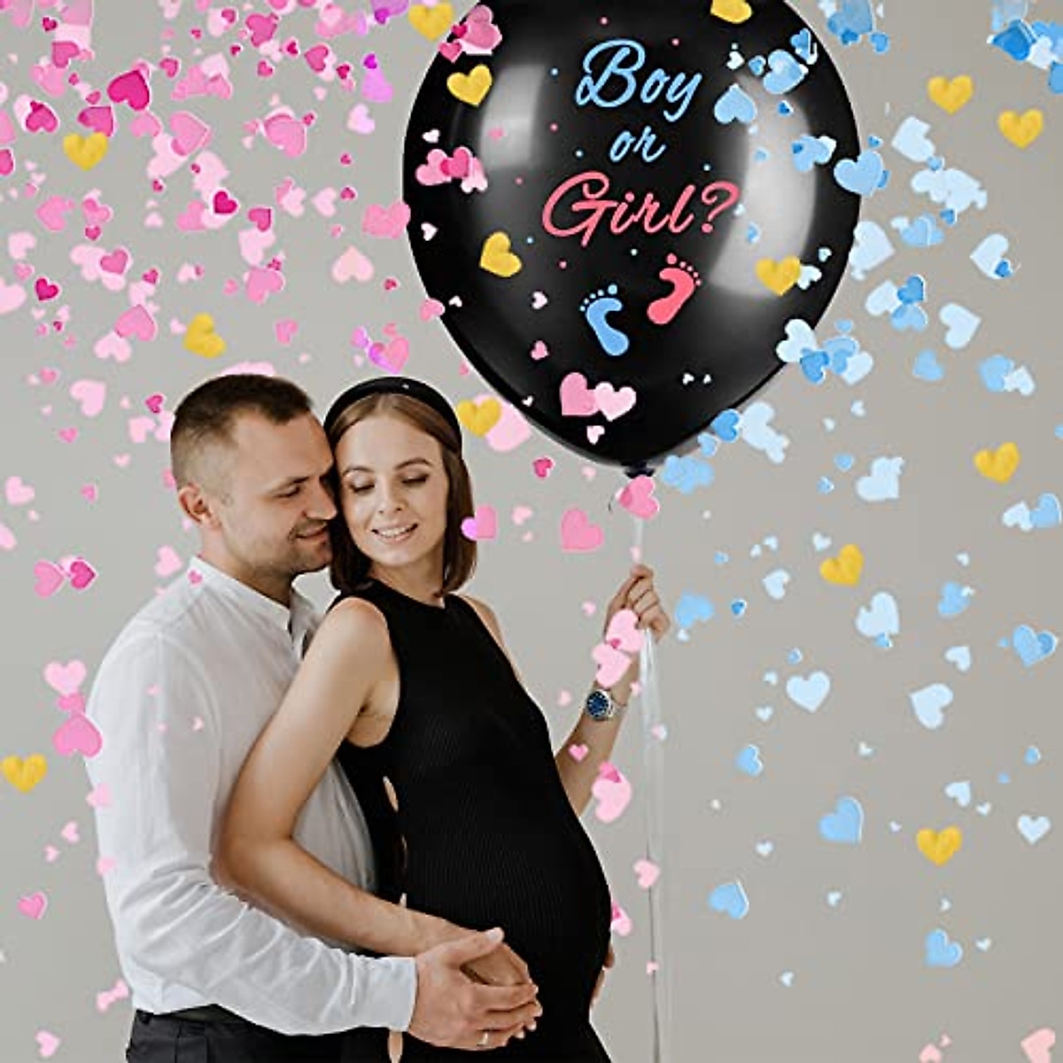 Gender Reveal Balloons, 1 Pack 36 Inch Black Boy or Girl Balloon with Pink and Blue Heart-Shaped Confetti for Gender Reveal Party Decorations