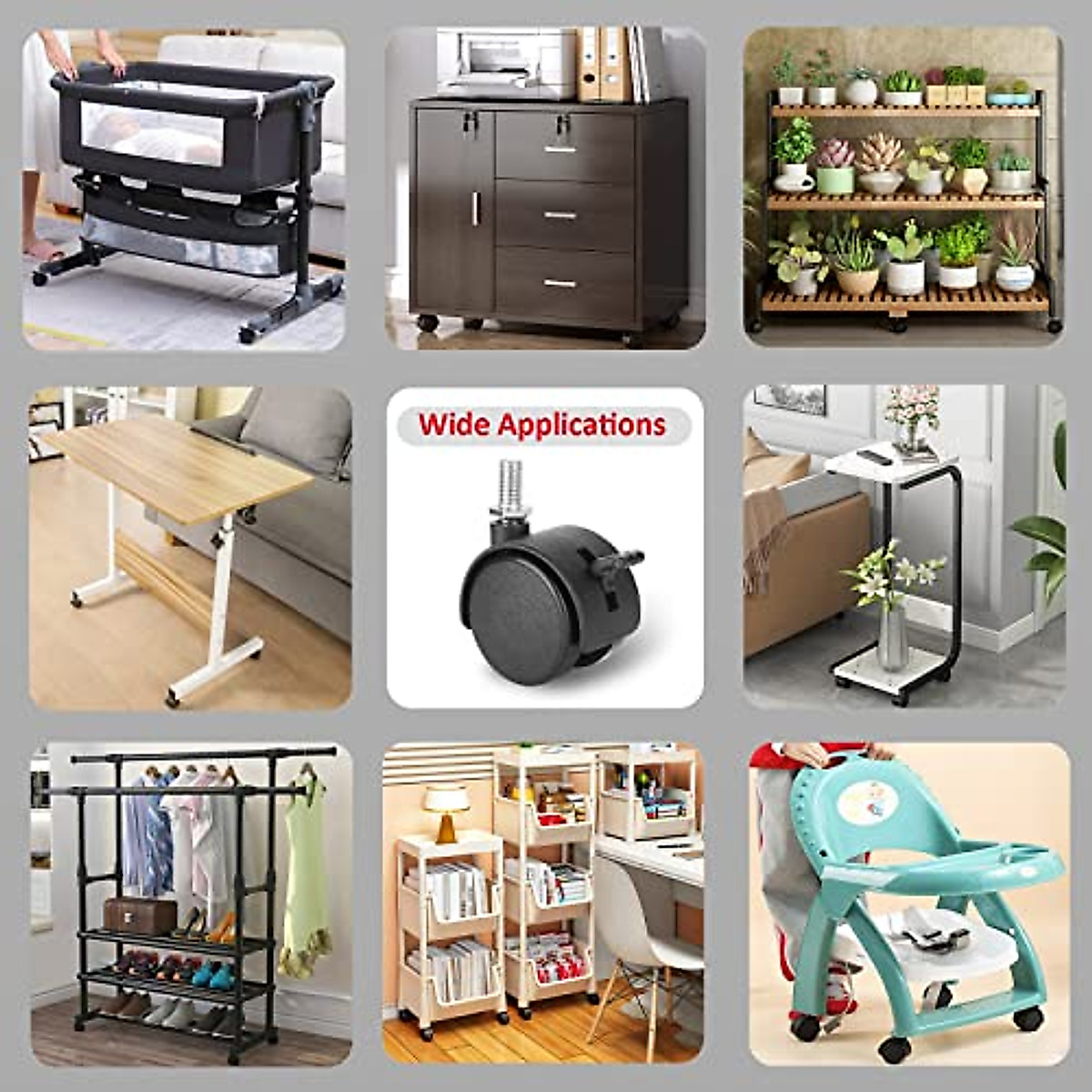 Dalyndar 4 Pack 1.5 Inch Swivel Stem Caster Wheels Replacement Casters 1.5'' Furniture Wheel with Locking Brake Metric Threaded Stem M8 Wheels for Table Drawer Plant Shelf Metal Rack Laundry Basket