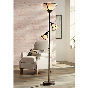 Franklin Iron Works Plymouth Rustic Farmhouse Torchiere Floor Lamp Standing 3-Light Dimmable 72" Tall Bronze Faux Wood Metal Mica Cone Shade Decor for Living Room Reading House Bedroom Home Office