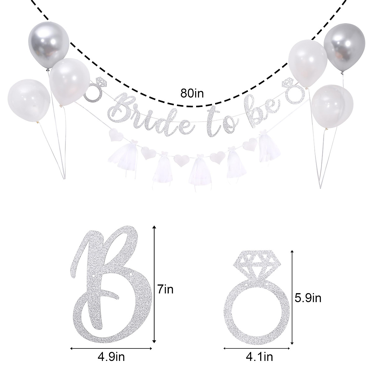 Silver Glitter Bride To Be Set,Bridal Shower Decorations,White Wedding Dress Heart Garland,Silver Balloon Decor,Bridal Wedding Party Hanging Garland,Bride To Be Wedding Love Banner Photo Props