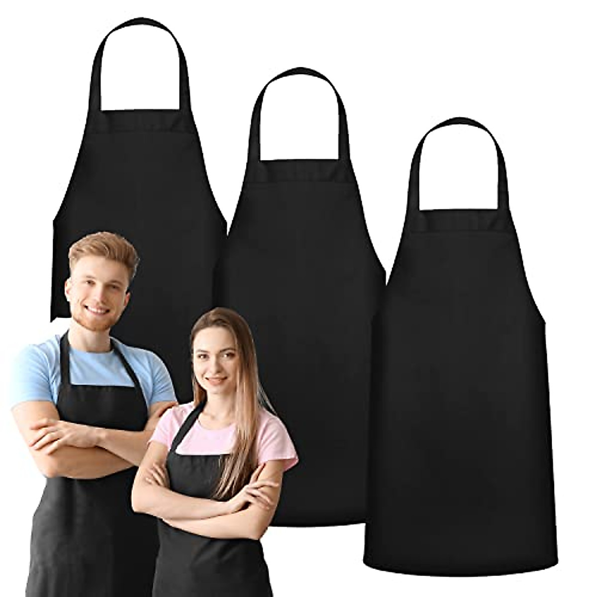 GREEN LIFESTYLE 3 Pack Bib Apron - Unisex Black Aprons, Machine Washable Aprons for Men and Women, Kitchen Cooking BBQ Aprons Bulk (Pack of 3, No Pockets, Black)