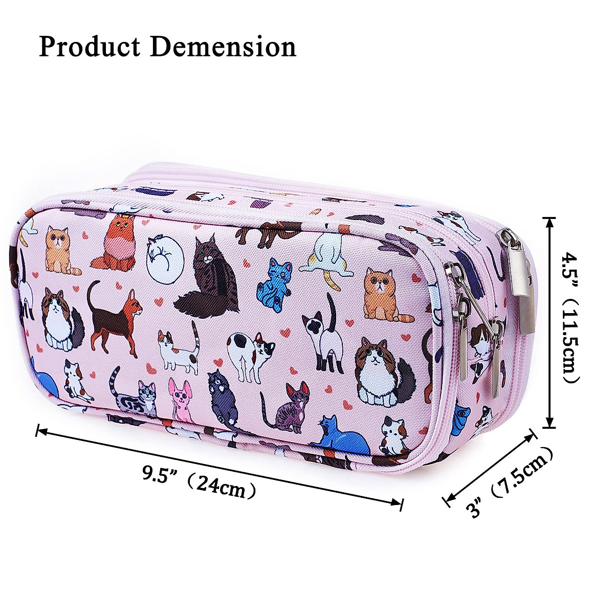 LParkin Cute Cat Pencil Case Super Large Capacity 3 Compartments Canvas Pencil Box Kawaii Makeup Bag Cat Gifts for Boys Girls