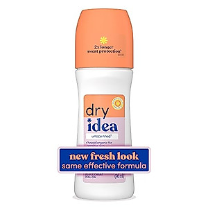Dry Idea Roll-On Deodorant & Antiperspirant | 2X Longer Sweat Protection | 72-Hour Odor Protection | Unscented & Hypoallergenic for Sensitive Skin, 3.25 oz.