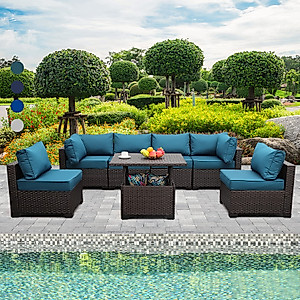 Patio Sectional Sofa Set 7 Pieces Outdoor Wicker Furniture Couch Adjustable Storage Table with Thicken(5") Peacock Blue Non-Slip Cushions Furniture Cover Brown PE Rattan
