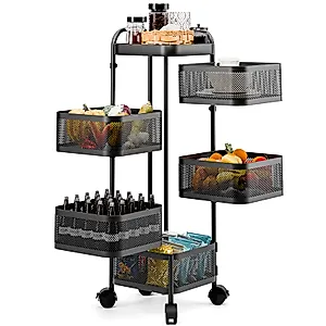 Rotating Kitchen Storage Rack , Round Metal Storage Basket Shelves, 360° Rotating Tower Organizer with Rolling Wheels, Multi-Layer Storage Shelf for Kitchen,Living,Room and Bathroom (Square 5 Layers)
