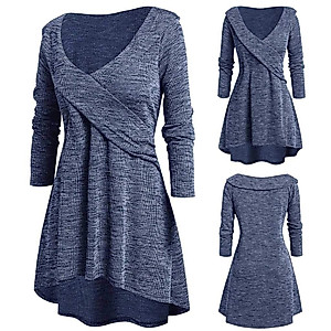 CapsA Women Halloween Gothic Sweatshirts Dress Long Sleeve High Low Pullover Plus Size V-Neck Tunic Plunging Neck Sweater Blue