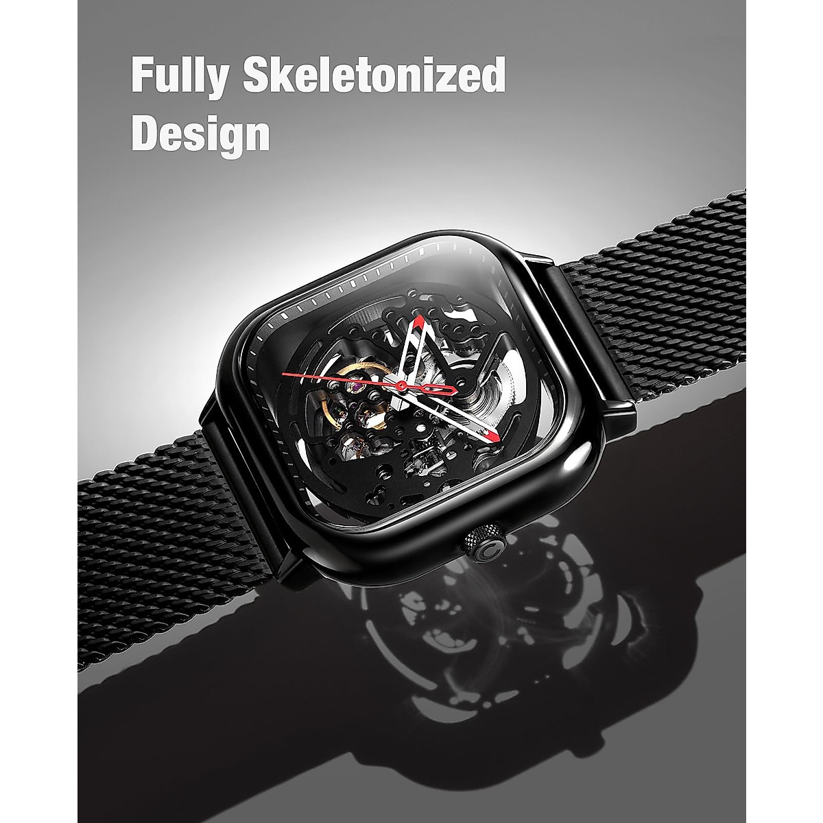 CIGA Design Men's Automatic Watch, C Series Full Hollow Skeleton Mechanical Analog Wristwatch with Milanese and Leather Strap Sapphire Crystal Mirror (Black)