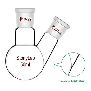 StonyLab Glass 50ml Heavy Wall 2 Neck Round Bottom Flask RBF, with 19/22 Center and Side Standard Taper Outer Joint - 50mL