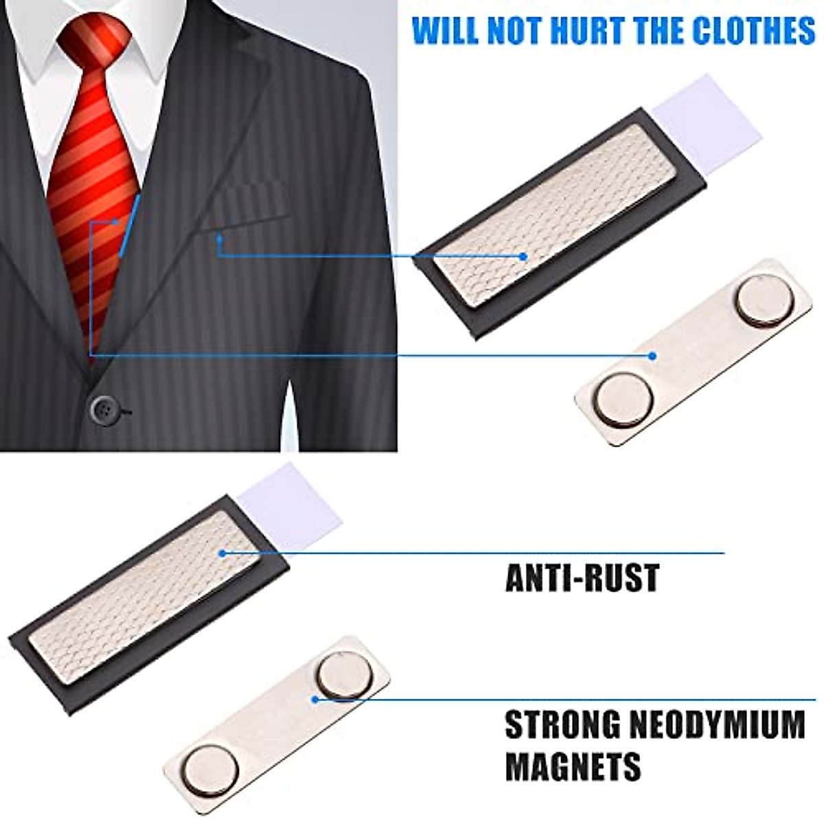 100 Sets Magnetic Name Tags Name Tag Magnet Adhesive Badge Magnets Metal Pin Magnet Back Silver Nametag Fasteners with Neodymium Magnets for School Hotel Trade Shows Office Jackets Shirts