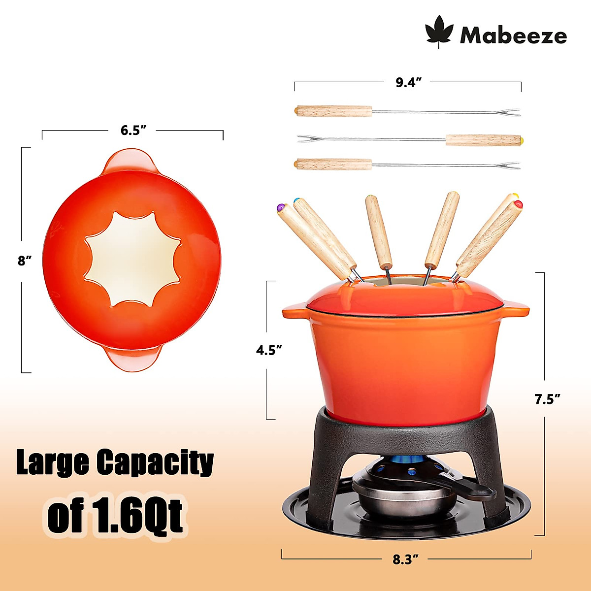 Mabeeze Cast Iron Fondue Set for Cheese, Chocolate or Meat - Includes Enameled 1.6 Qt Pot, 6 Fondue Forks, Burner, Stand, Base and Mitts