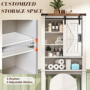LUXOAK Farmhouse Over Toilet Cabinet, 68" Tall Toilet Organizer Stand with Sliding Barn Door & Adjustable Shelf, Above Toilet Storage for Bathroom, Laundry Room, Rustic Oak & White