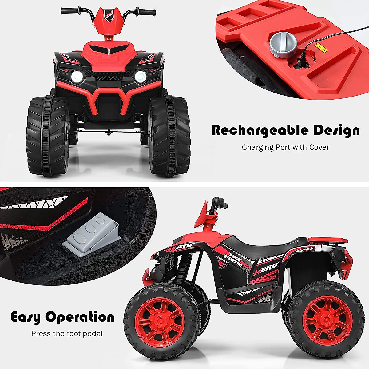 OLAKIDS 12V Kids Ride On ATV, 4 Wheeler Electric Vehicle for Toddlers, Battery Powered Motorized Quad Toy Car for Boys Girls with LED Lights, Music, Horn, High Low Speed, Soft Start (Red)