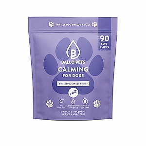 Ballo Pets Calming Chews for Dogs | Natural Stress & Anxiety Relief for Dogs - Help Manage Fireworks, Thunder, Seperation – 90 Soft Chews with Hemp, Melatonin, Chamomile, Ashwaganda- Chicken Flavor