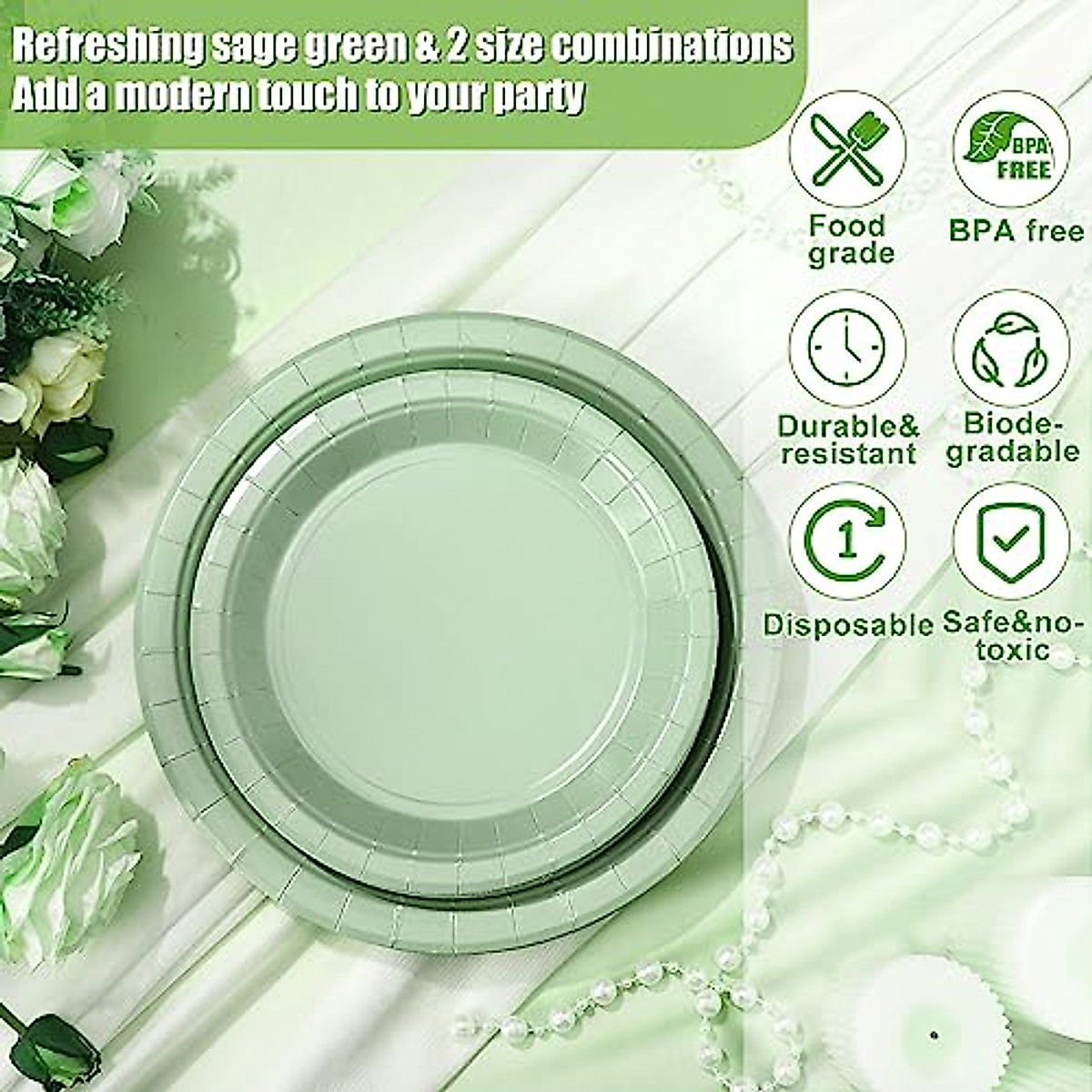 Wesiti 50 Pcs Paper Plates Bulk 7 Inch 9 Inch Disposable Round Dessert Plates Sage Green Dinner Cake Paper Dish for Wedding Bridal Shower Birthday Party Supplies