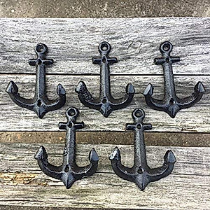 Facaler Nautical Cast Iron Ship Anchor Weathered Nautical Wall Hooks Coat Hook, Screws Included (5 PCS)