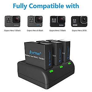 Artman Hero 7/6/5 Battery 1480mAh 3-Pack and 3-Channel LED USB Hero 7 Charger Compatible with Gopro Hero 7 Black,Hero 6 Black,Hero 5 Black,Hero 2018(Not for Silver or White)