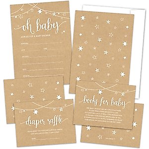 Set of 25 Rustic Baby Shower Invitations Gender Neutral Design - 25 Baby Shower Invites for Boy & Girl, Diaper Raffle Tickets, Book Request Cards with Envelopes - Baby Shower Invitations Vintage
