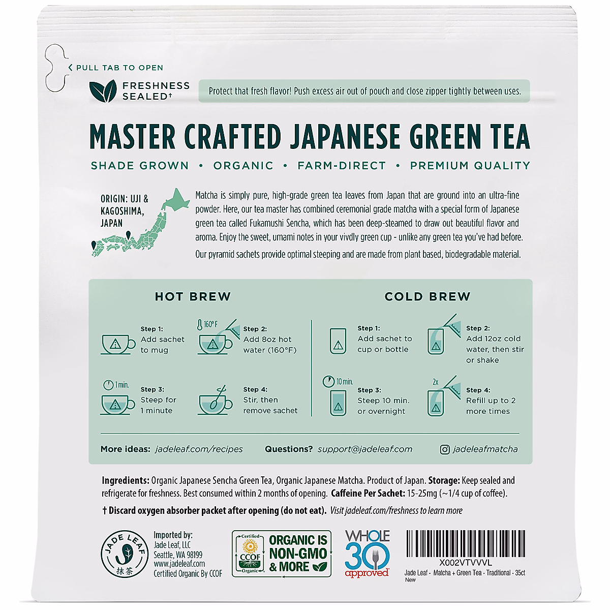 Jade Leaf Matcha Organic Matcha + Green Tea Bags - Traditional - Ceremonial Matcha + Whole Leaf Sencha - Authentically Japanese (35 Pyramid Sachets)