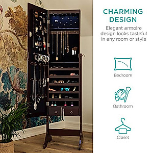 Best Choice Products 6-Tier Full Length Standing Mirrored Lockable Jewelry Storage Organizer Cabinet Armoire w/ 6 LED Interior Lights, 3 Angle Adjustments, Velvet Lining, Espresso