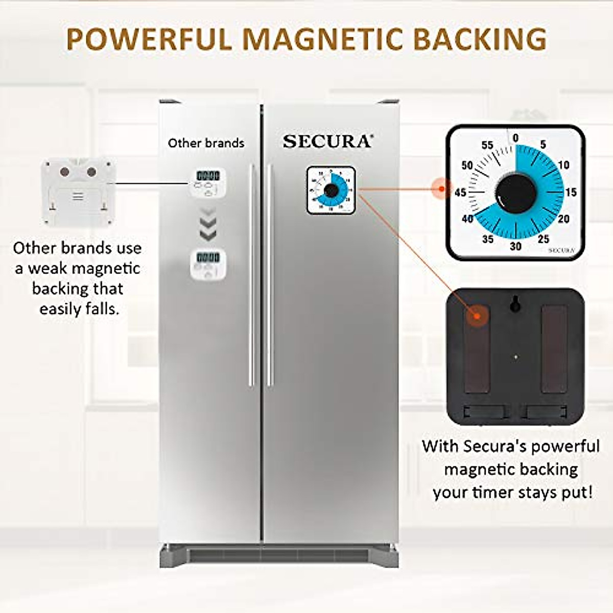 Secura 60-Minute Visual Countdown Timer, 7.5-Inch Oversize Classroom Visual Timer for Kids and Adults, Durable Mechanical Kitchen Timer Clock with Magnetic Backing (Blue)