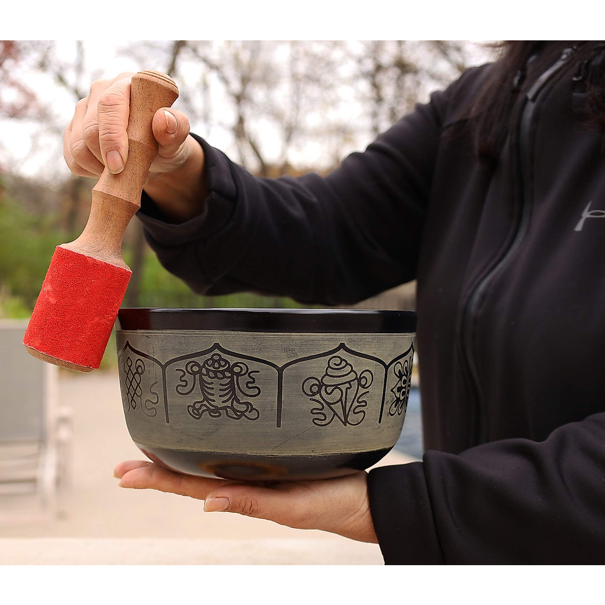 DharmaObjects Tibetan Meditation 8 Lucky Symbols Singing Bowl Mallet Mat Cushion Set (8 Inches, 8 Lucky Symbols)