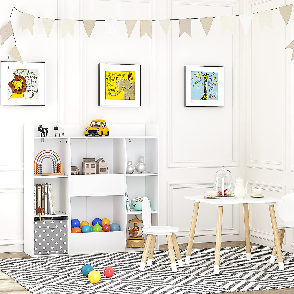 UTEX Kids Toy Storage and Bookshelf, Multifunctional Bookcase with 8 Cubbies and Bins, Open Kids Bookshelf Organizer Display Stand, Large Toy Storage Cabinet for Kids Room, Classroom, Nursery, White