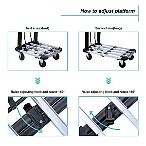 LEADALLWAY Foldable Push Cart Aluminum Alloy Platform Cart with 4-Wheel,Adjustable Length,330-LB Capacity(with 2 Ropes)