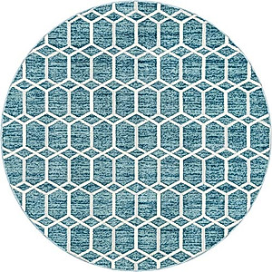 Rugs.com Lattice Trellis Collection Rug – 8 Ft Round Blue Low-Pile Rug Perfect for Kitchens, Dining Rooms