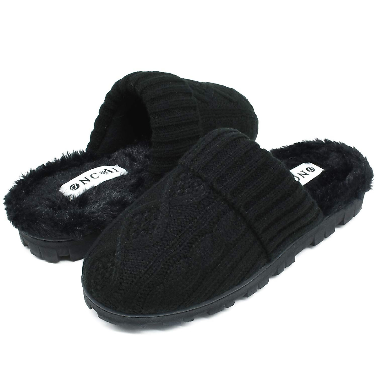 ONCAI Women’s-House-Slippers-Winter-Slipper-for-Women Knitted Fleece Memory Foam Slip-on Cozy Warm Outdoor Lady Fur Lined Garden Home Slippers Black