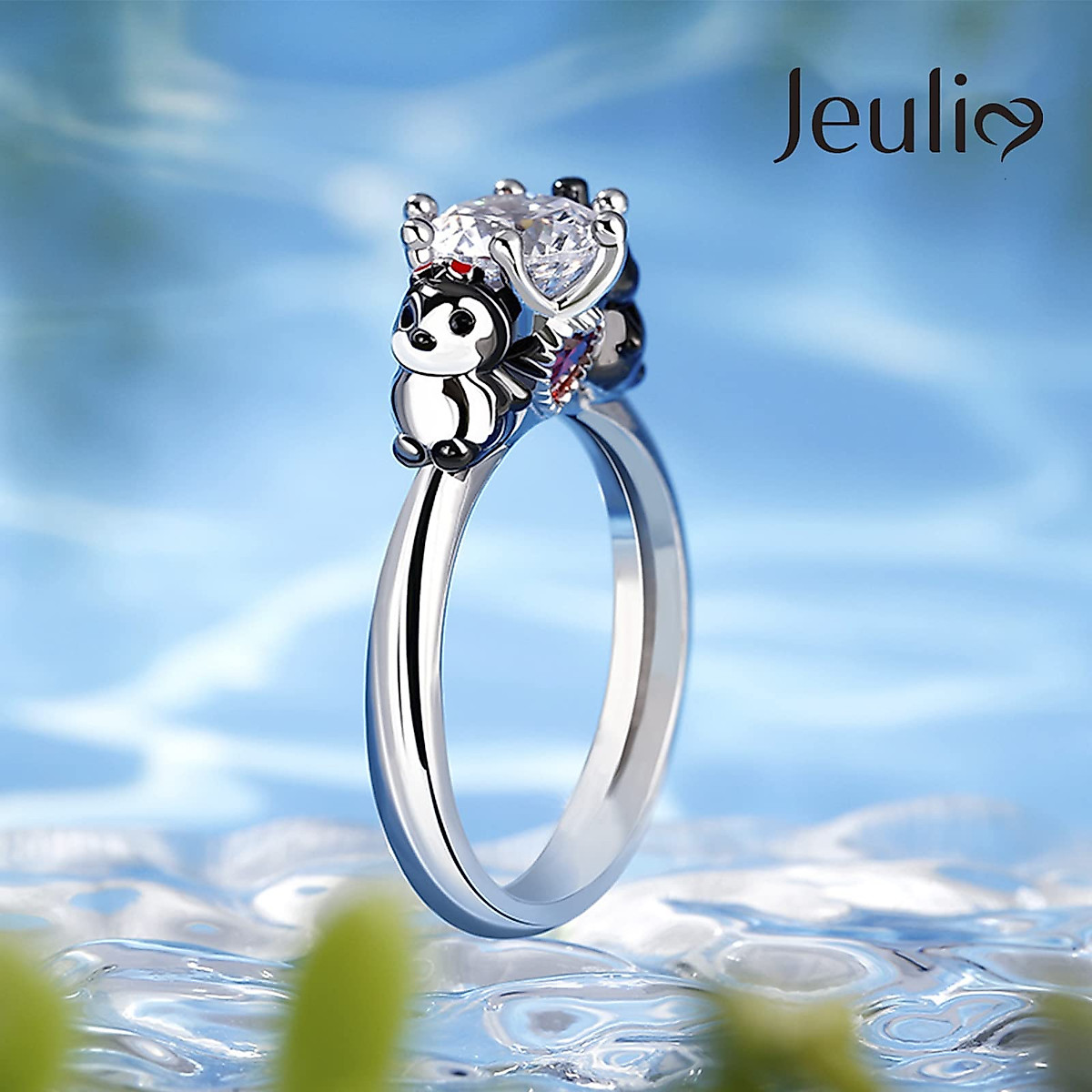 Jeulia 2.5 ct Sterling Silver Engagement Ring Hug Me Garnet Red Stone Round Cut Heart Diamond band CZ Solitaire Anniversary Promise Valentine Birthday for Women Girls with Gift Box (Penguin, 7)