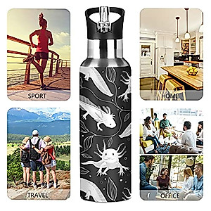 Seamless White Swimming Axolotls, Algae Leaves on Dark Stainless Steel Water Bottle, Leak-Proof Vacuum Hot Cold Insulated Travel Mug, Double Walled with Handle Thermo Cup Bottle 20 Oz