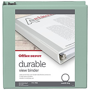Office Depot® Brand 3-Ring Durable View Binder, 2" Round Rings, Sage