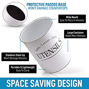 Zulay Large Utensil Crock Storage Organizer - Kitchen Utensil Holder For Countertop With Padded Base - Large Utensil Holder With Rustic Farmhouse Design For Home & Kitchen Decor (White)