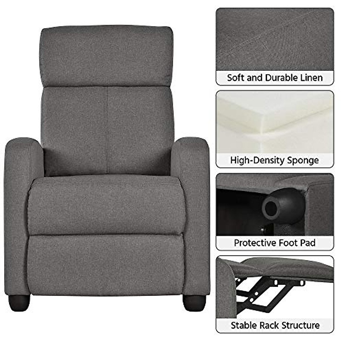 Yaheetech Fabric Recliner Chair Sofa Ergonomic Adjustable Single Sofa with Thicker Seat Cushion Modern Home Theater Seating for Living Room Matte Grey