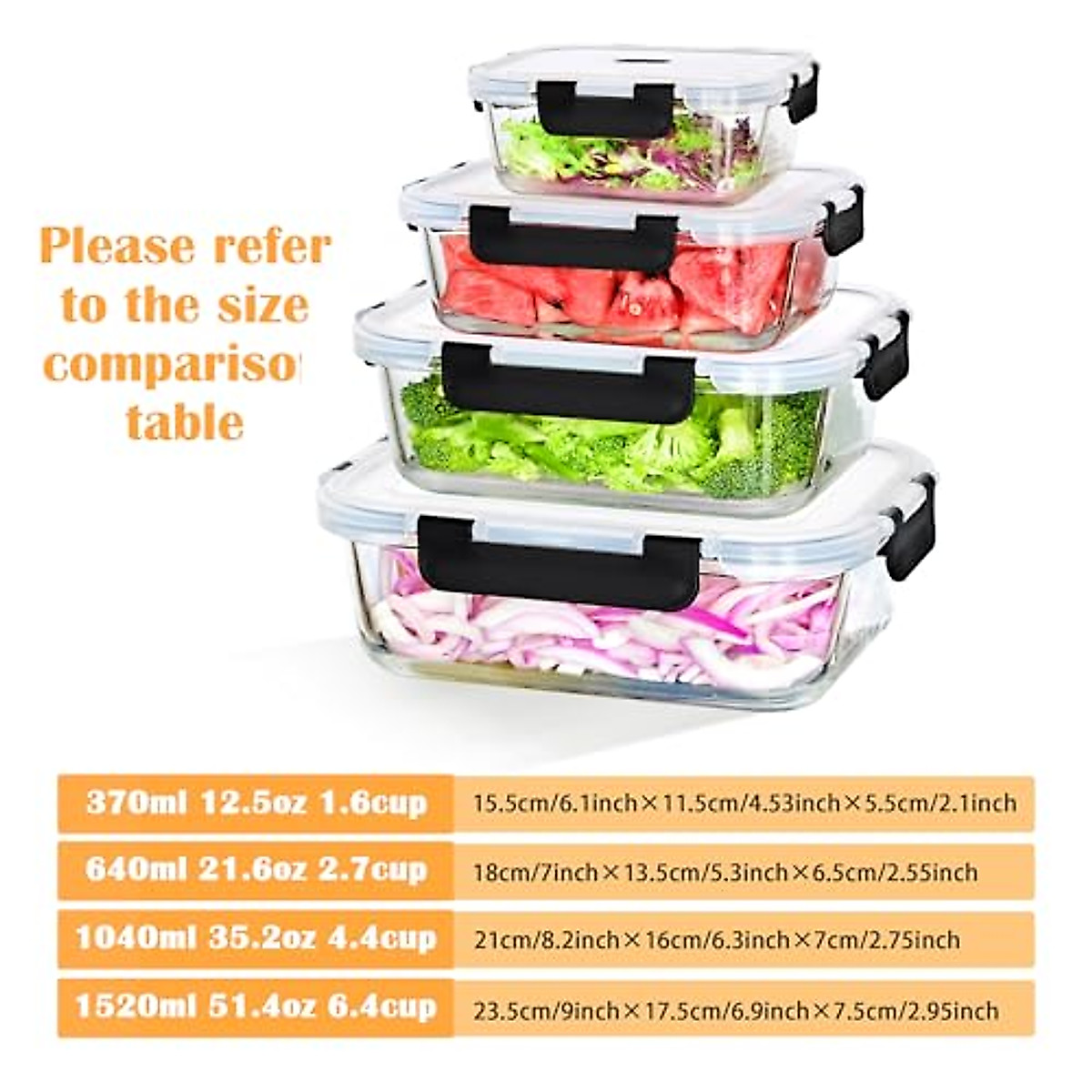 MVDHDT 16 Piece (8 Glass Containers and 8 Lids),12.5+35.1 OZ Black Glass Containers With Lids,Rectangles Meal Prep Containers Reusable Glass,for Microwave, Oven, Freezer and Dishwasher