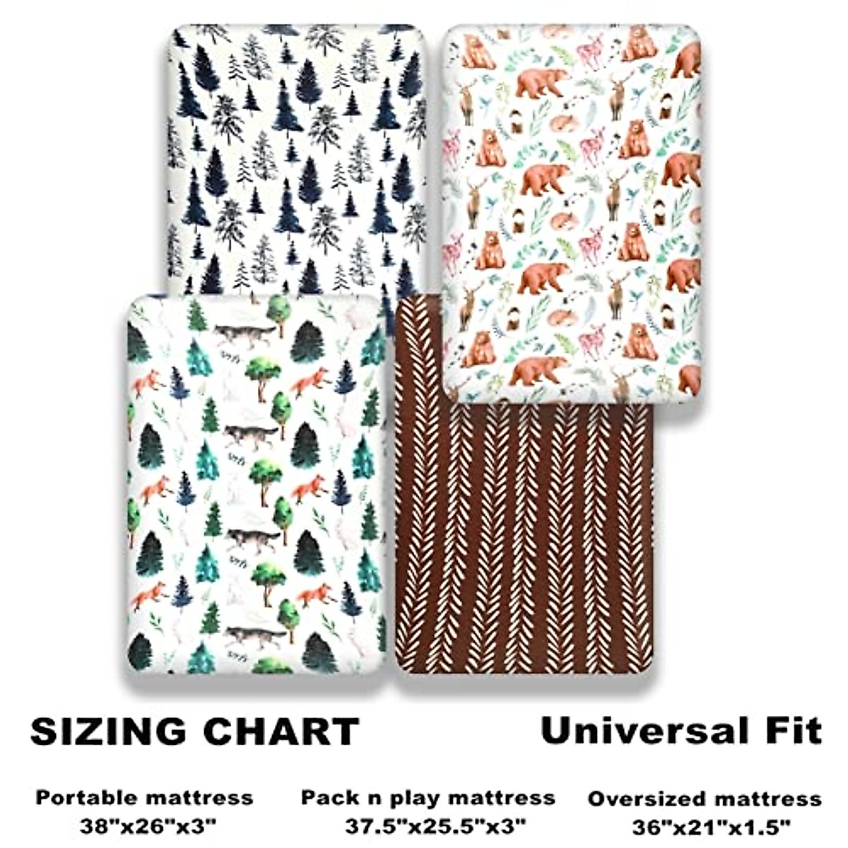 4 Pack N Play Sheets Woodland Forest Animals Wood Neutral Unisex Fitted Baby N Play Sheets Fitted for Standard Pack and Plays and Mini Cribs Set for Baby Boys or Girls