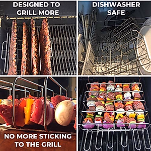 Cataumet BBQ Barbecue Combo Shish Kabob Skewer Holder and Rib Rack Grilling Stand Made with Genuine 304 Stainless Steel with 6 Skewers