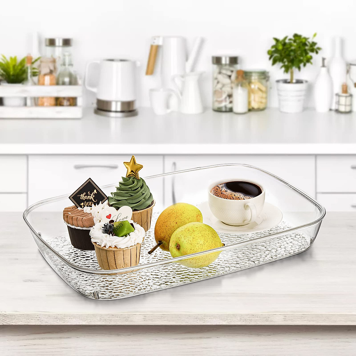 Lyellfe 4 Pack Clear Serving Tray, 15 x 10 Inch Deep Serving Platter, Spill Proof Decorative Coffee Table Perfume Tray for Bathroom, Dining Table, Vanity Cabinet