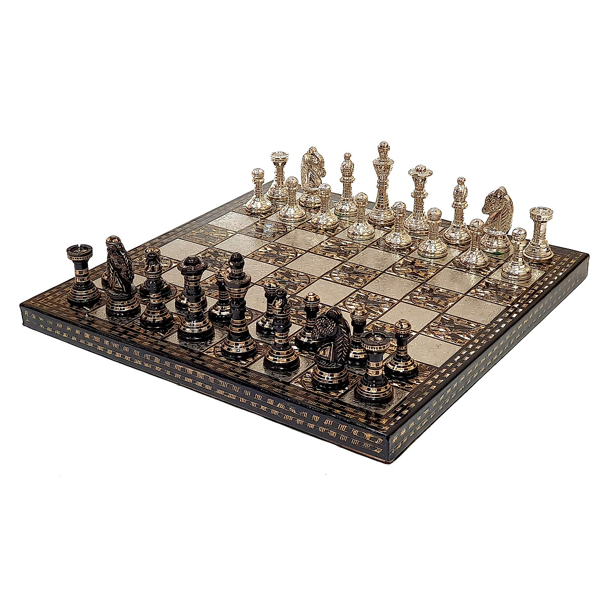 StonKraft Brass Chess Board Game Set with 100% Brass Chess Pieces Chessmen Coins (12" x 12" Inches)
