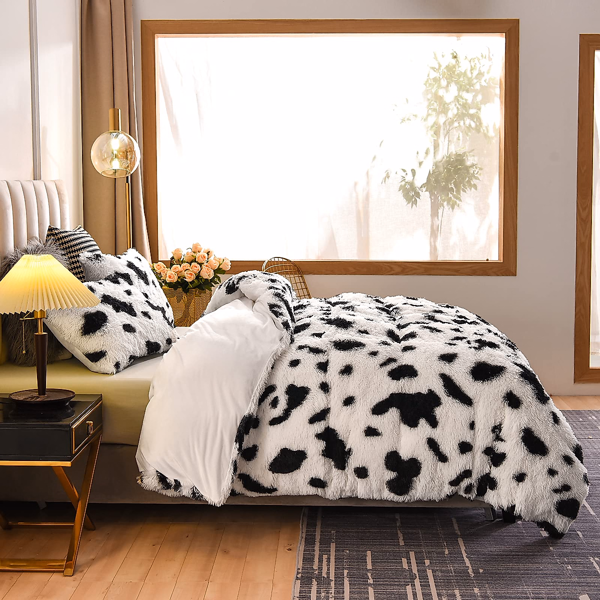 Aimuan Plush Shaggy Duvet Cover Set Faux Fur Fuzzy Cow Print Bedding Comforter Cover & Sets, Luxury Ultra Soft Crystal Velvet Reverse Fluffy Quilt Cover Set 3 Pcs (White, Queen)