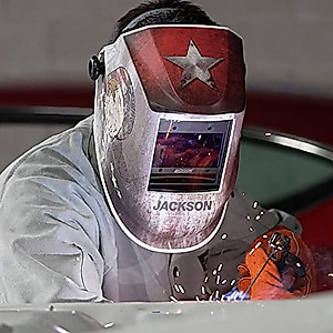 Jackson Safety Premium Auto Darkening Welding Helmet 4/5-13 Shade Range, 1/1/1/1 Optical Clarity, 1/25,000 sec. Response Time, 370 Speed Dial Headgear, Freedom Graphics, Red/White/Blue, 47103