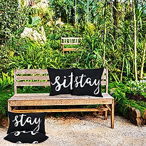 BOYSUM Patio Pillow Cover Outdoor/Indoor Waterproof Lumbar Pillow Covers Set of 2 Black Throw Pillow Case for Furniture Porch, 12x20 Inch(Sit & Stay)