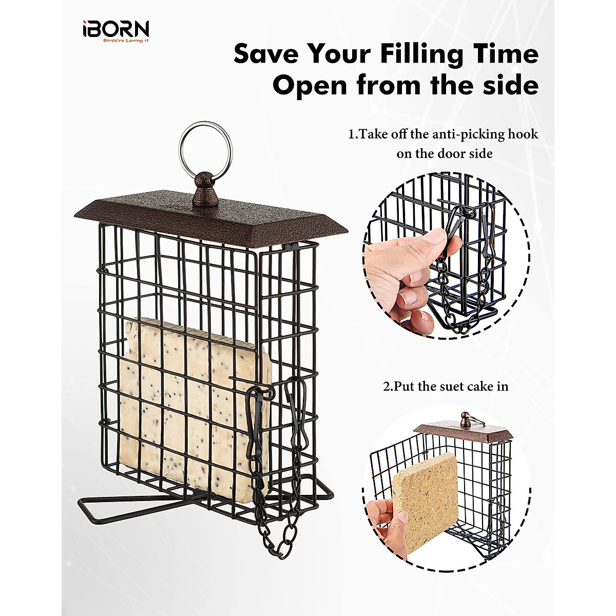 iBorn Suet Feeder Suet Bird Feeders for Outside Hanging,Squirrel Proof Suet Cakes Bird Feeder for Wild Birds,Metal Brown(Pack of 1)