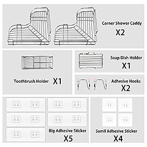 CGBE Corner Shower Caddy, Shower Organizer With Soap Dish Holder Toothbrush Holder Adhesive Hooks, No Drilling Wall Mount Shower Shelves Shower Rack Rust Free For Bathroom Kitchen (6 Packs)