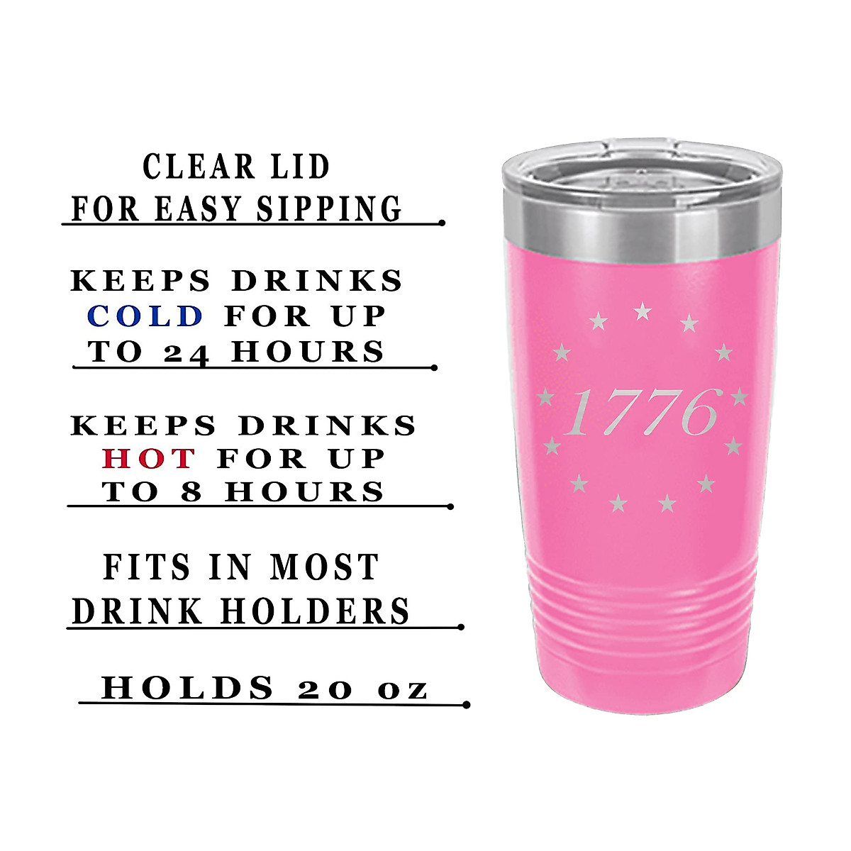 Rogue River Tactical Betsy Ross 1776 American USA Flag 20 Oz. Travel Tumbler Mug Cup w/Lid Vacuum Insulated Hot or Cold Military Vet Gift (Pink)